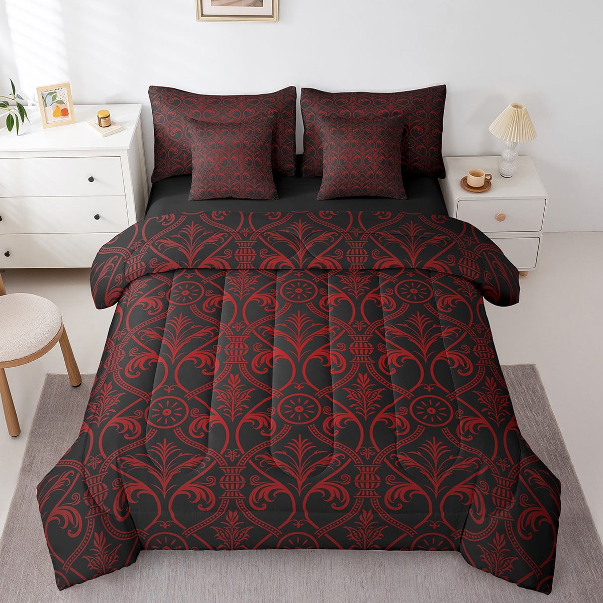 YST Red Black Ombre Gothic Bedding Set King 7 Piece Vintage Goth Floral ...