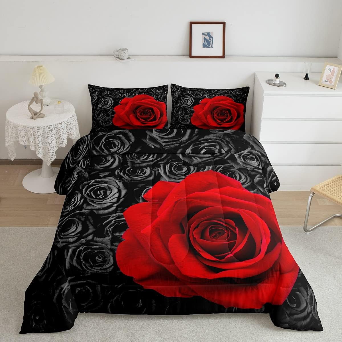 Erosebridal Red and Black Rose Comforter Set Full Valentine's Day ...