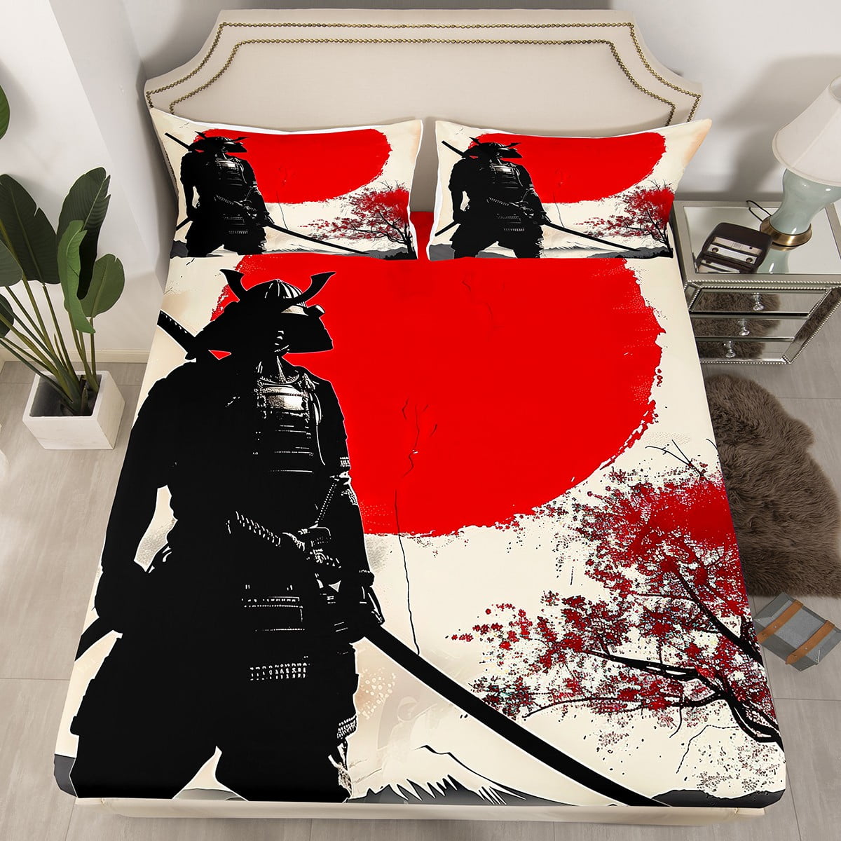 Red and Black Samurai Full Fitted Sheet,Japanese Style Bedding Set Men ...