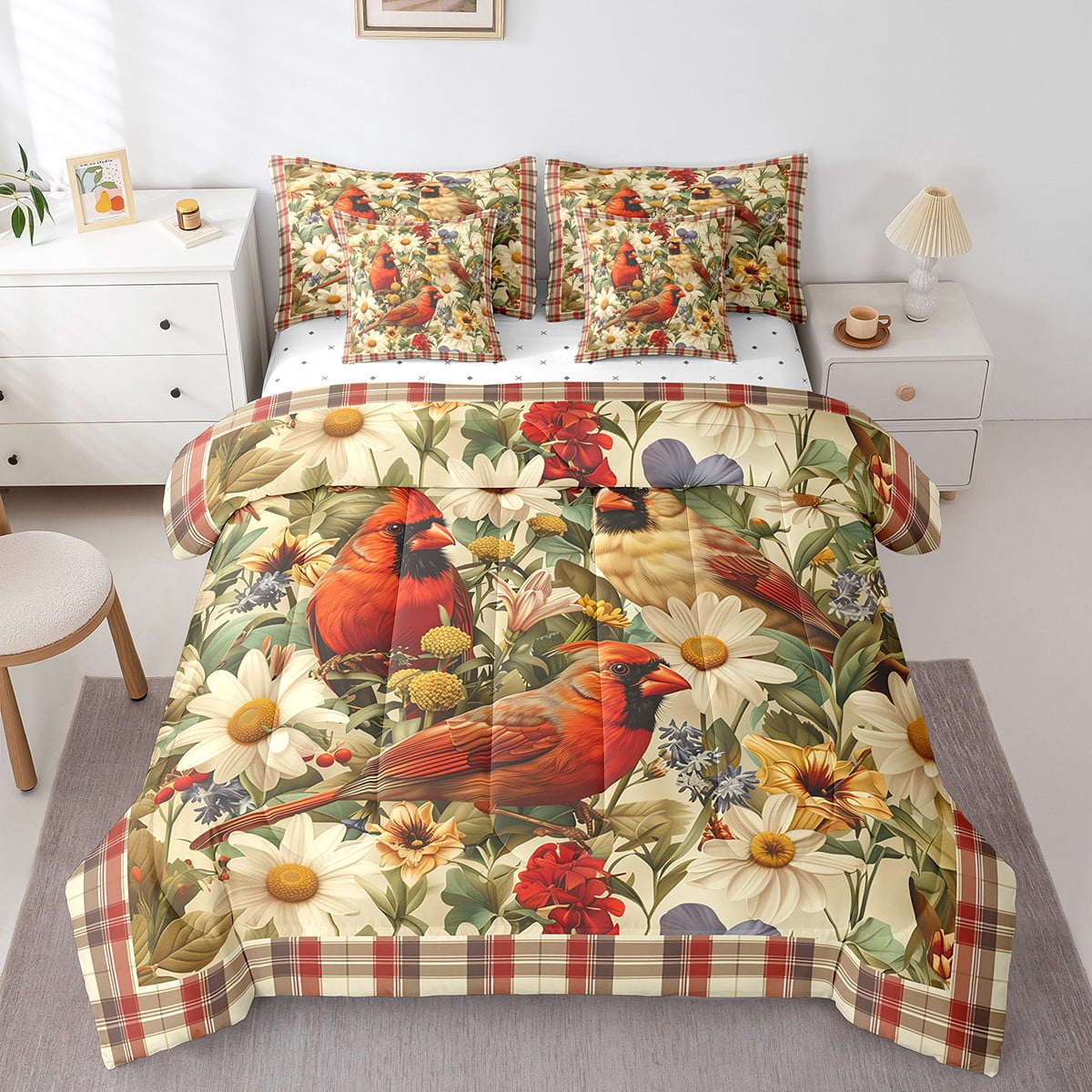 Red Cardinal Comforter Set Wild Animals Floral Bed In A Bag Vintage ...
