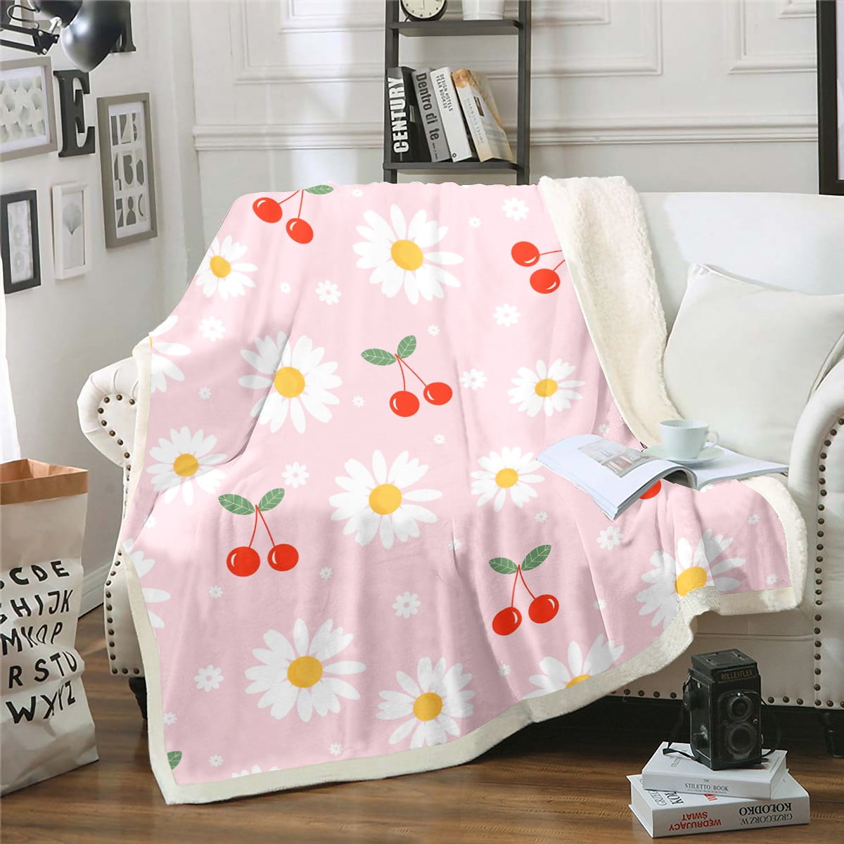 YST Red Cherry 90"x90" Throw Blanket,Plain White Daisy Flowers Fleece ...