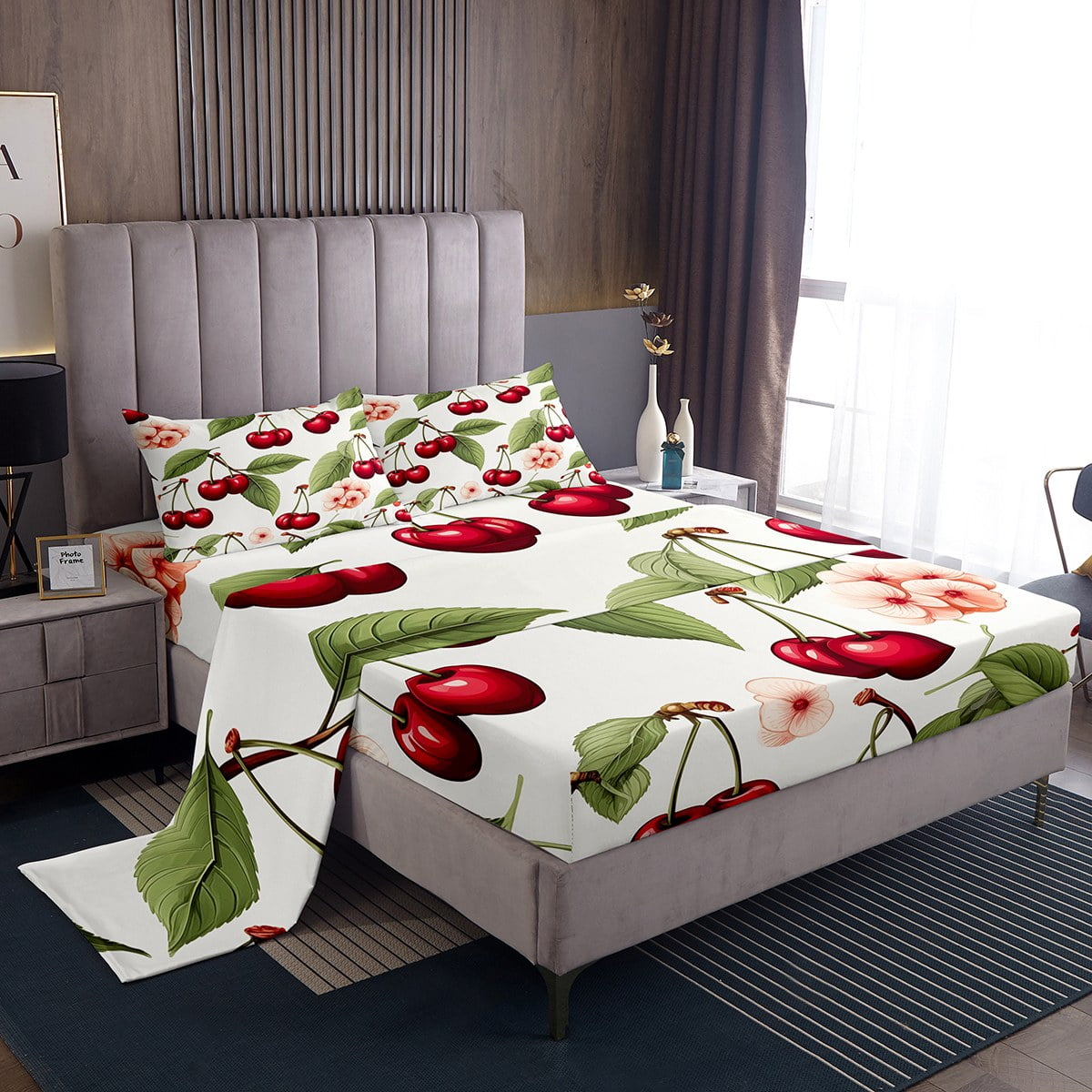 YST Red Cherry Twin Size Sheet Sets Pink Cherry Blossoms Bed Sheets Set ...