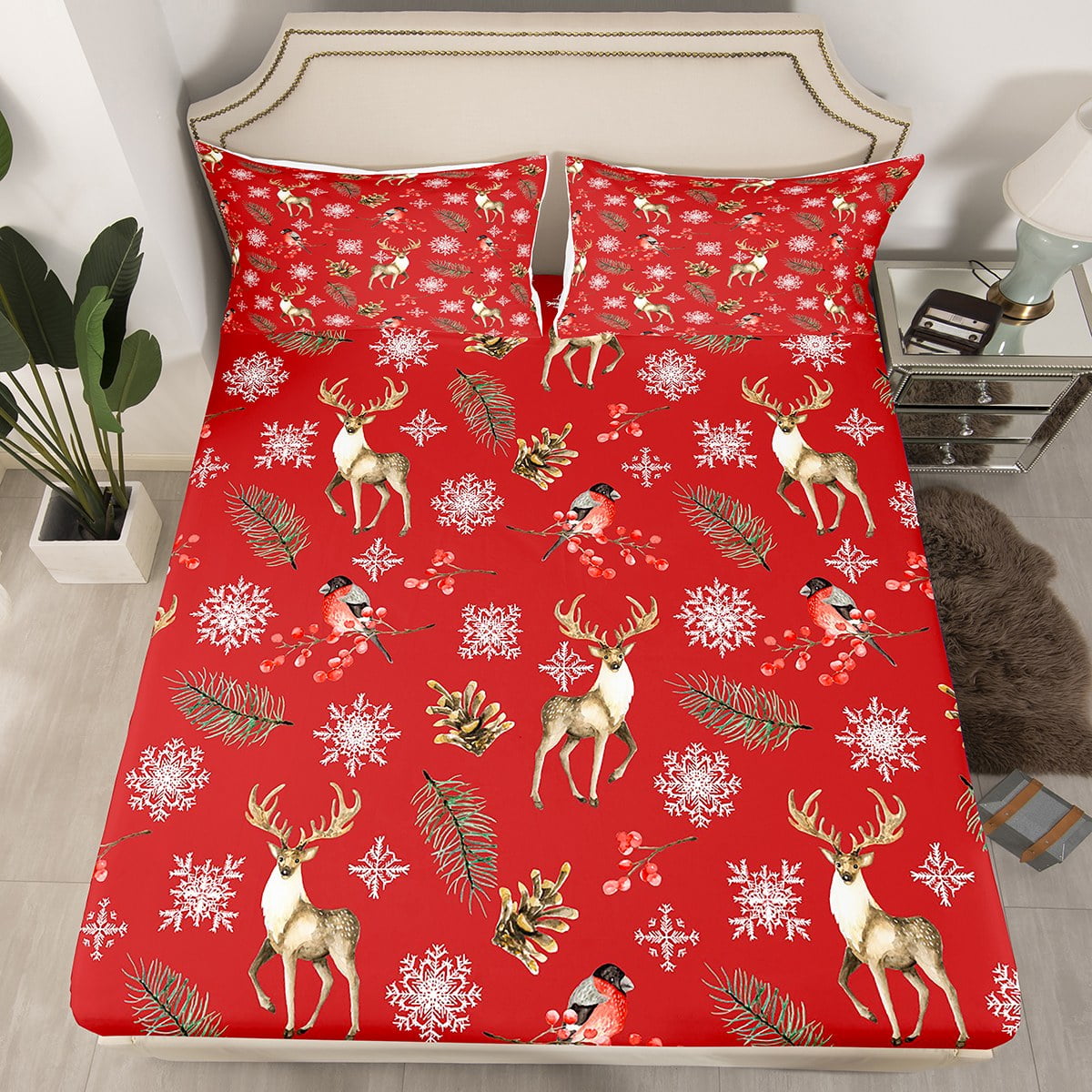 YST Red Christmas Fitted Sheet Queen Size,Snowflake Deer Bedding Set ...