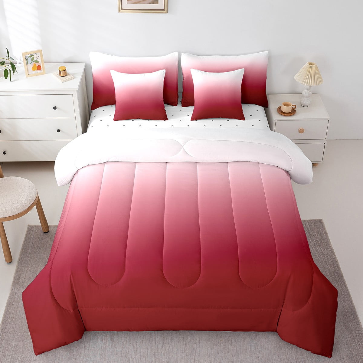 Red Comforter Set Twin Size 7 Pcs Ombre Bed in a Bag Red White Gradient ...