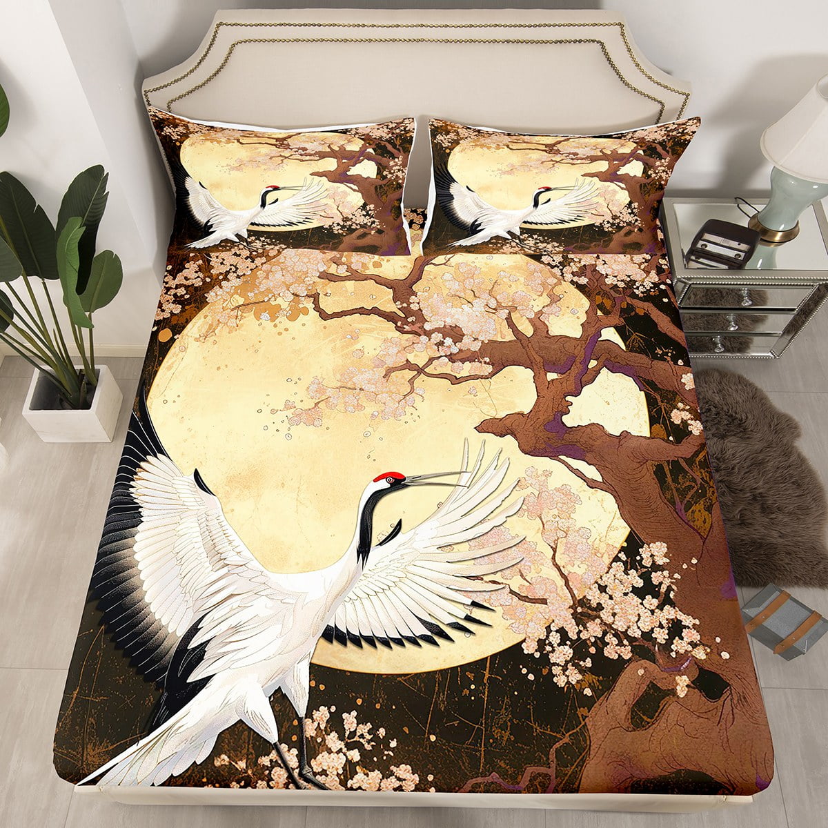 Erosebridal Red-Crowned Crane Bedding Set Queen Size, Japanese Ukiyo-E Fitted Sheet Vintage ...