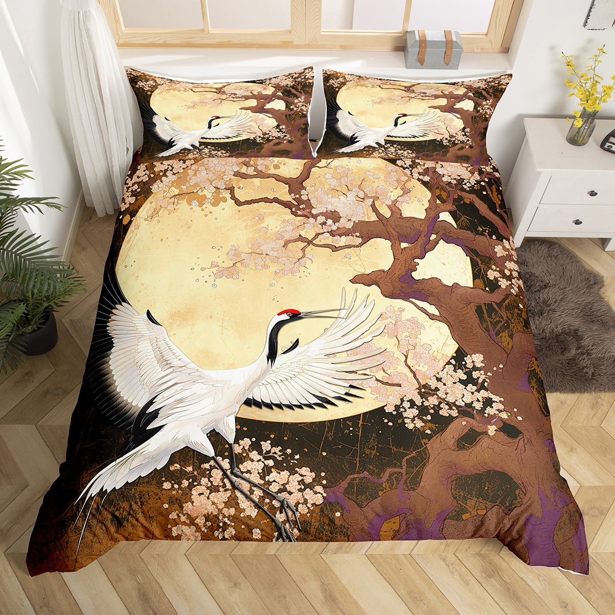 YST Red-Crowned Crane Bedding Set Twin Size, Japanese Ukiyo-E Comforter Cover Vintage Floral ...