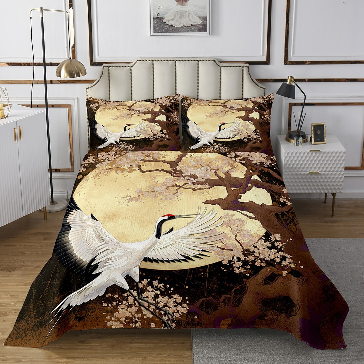 Red-Crowned Crane Coverlet Set King Size, Japanese Ukiyo-E Quilt Set ...