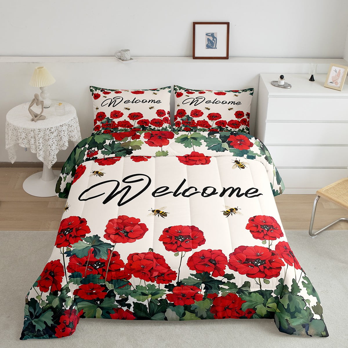 Red Farmhouse Flower Bedding Sets Full Spring Bee Geranium Down ...