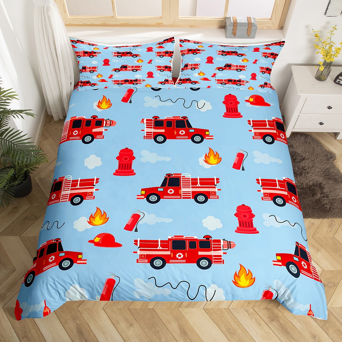 YST Red Fire Truck Toddler Bedding Set Firefighter Fire Truck Comforter ...