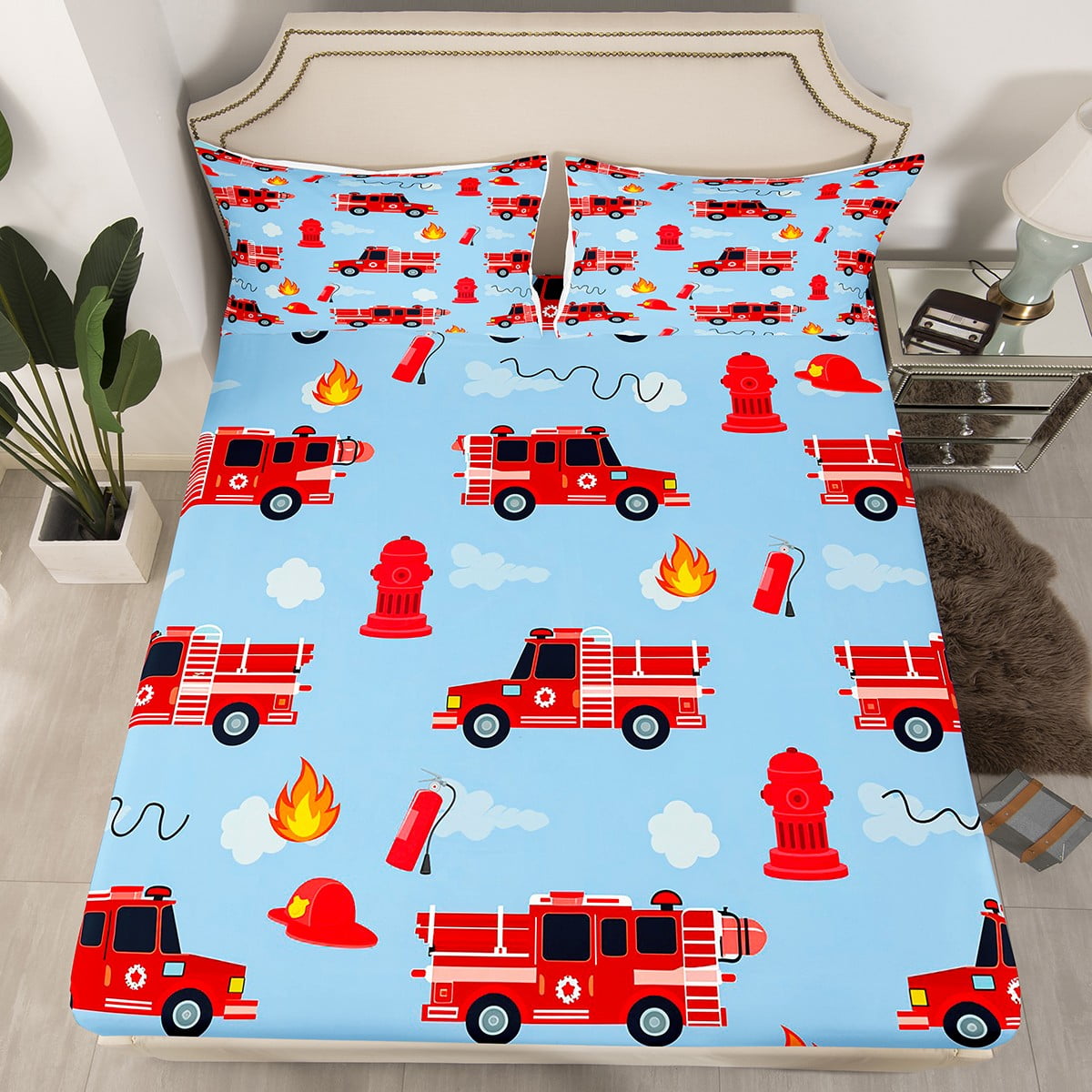 YST Red Fire Truck Toddler Bedding Set Firefighter Fire Truck Bed ...