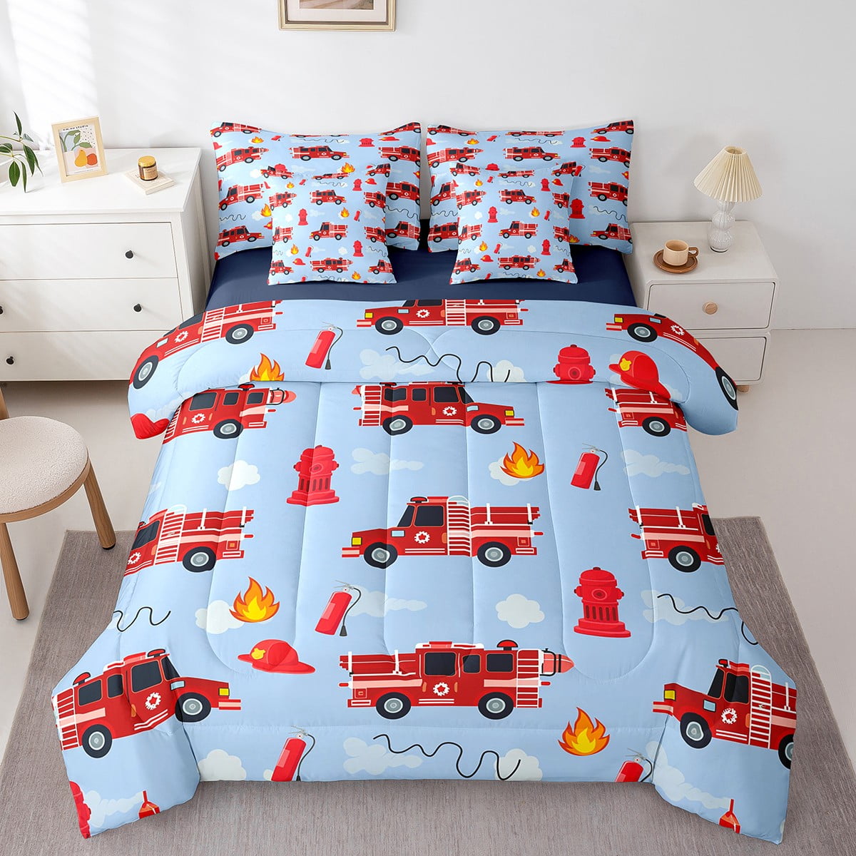 YST Red Fire Truck Toddler Bedding Set Twin 7-Piece Firefighter Fire ...