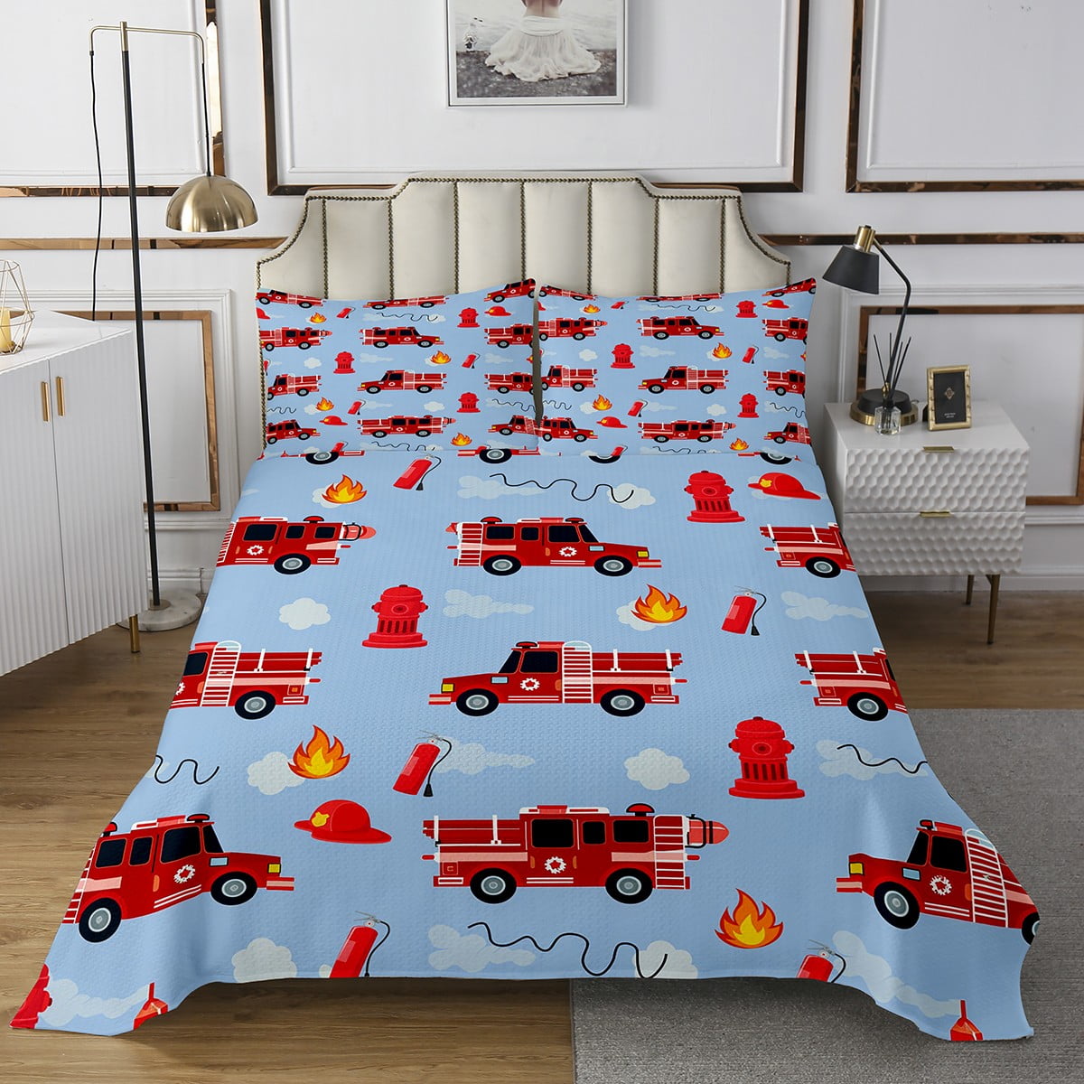 Red Fire Truck Bedspread Set Firefighter Fire Truck Quilt Set Fighting ...