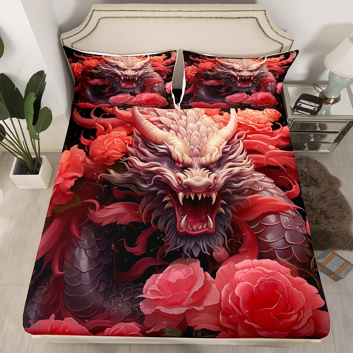 YST Red Floral Dragon Twin Fitted Sheet,Asian Oriental Chinese Dragon ...