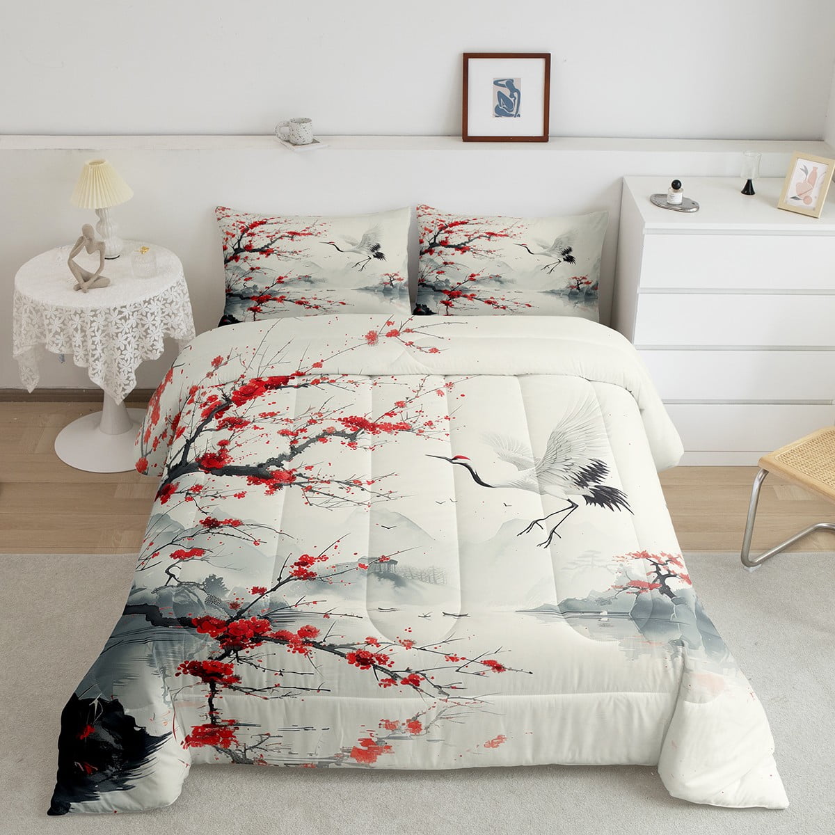 Red Flower Bedding Full Size Cherry Blossoms Comforter Set,Ukiyoe Red ...