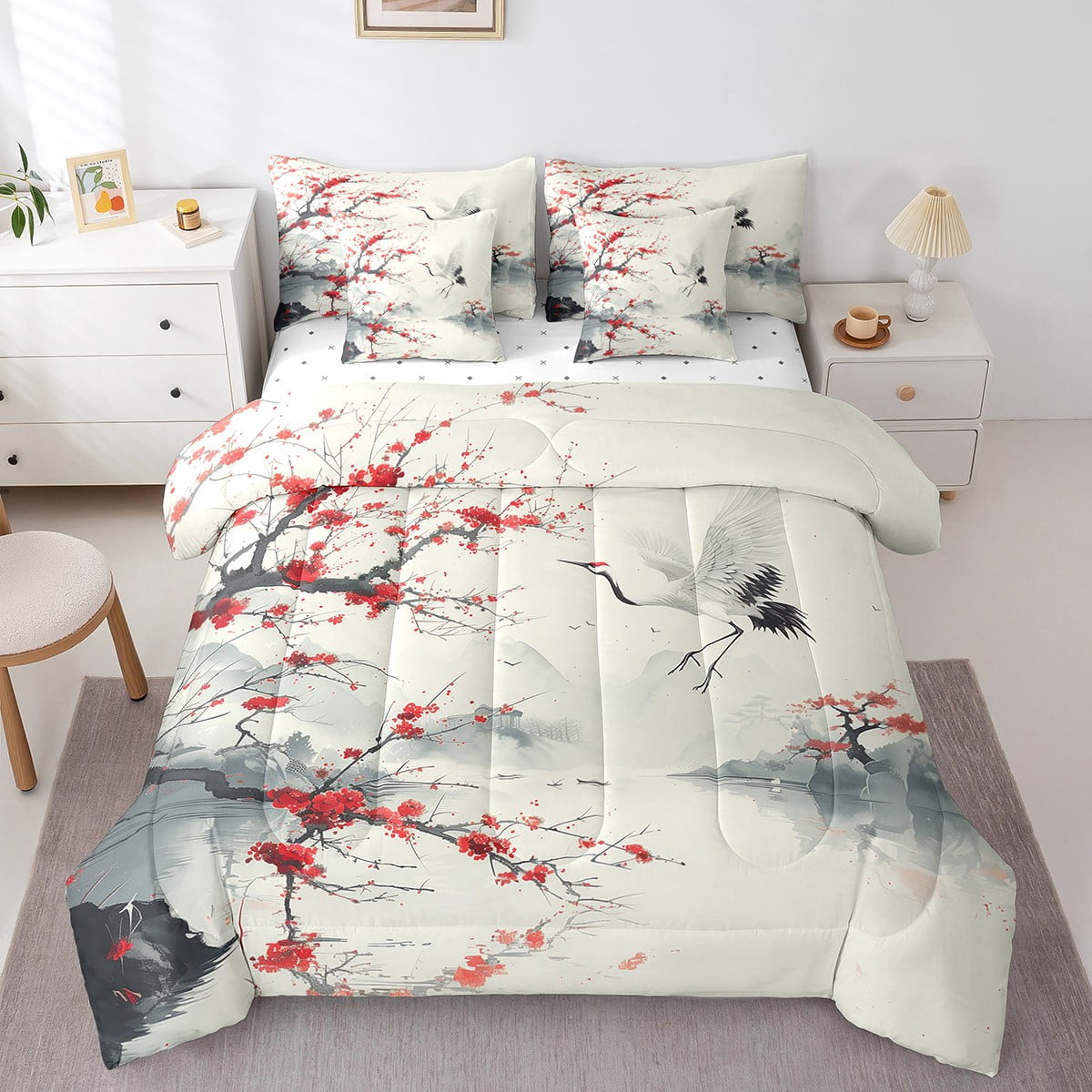 Red Flower Queen Comforter Set 7-Piece Cherry Blossoms Bedding Sets,Ukiyoe Red-Crowned Cranes ...