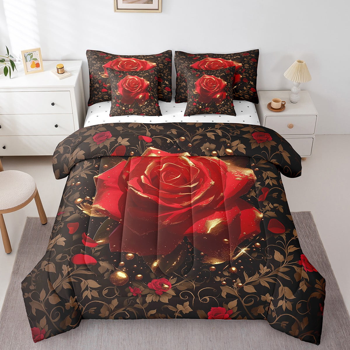 YST Red and Gold Rose Comforter Set King with Sheets,Romantic Rose ...