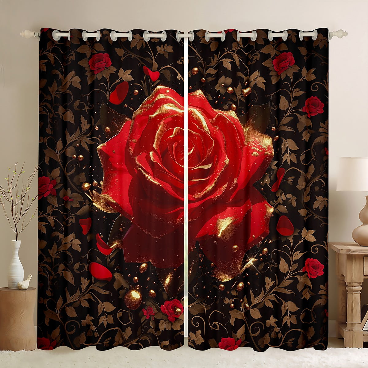 Red Gold Rose Floral Curtains,Romantic Flower Curtains 30%-50% Blackout ...