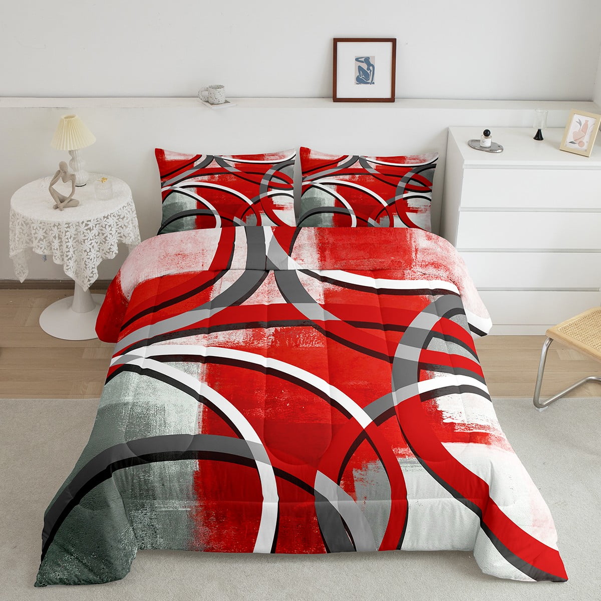 Red Gradient Comforter Set King Abstract Spiral Bedding Set, Gray White ...