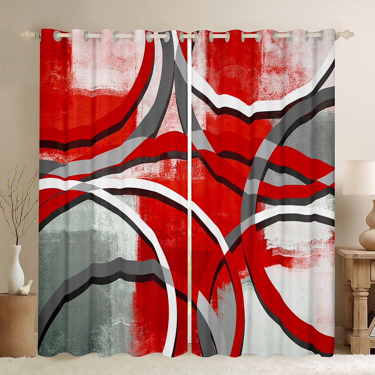 YST Red Gradient Curtains Abstract Spiral Blackout Curtains, Gray White ...
