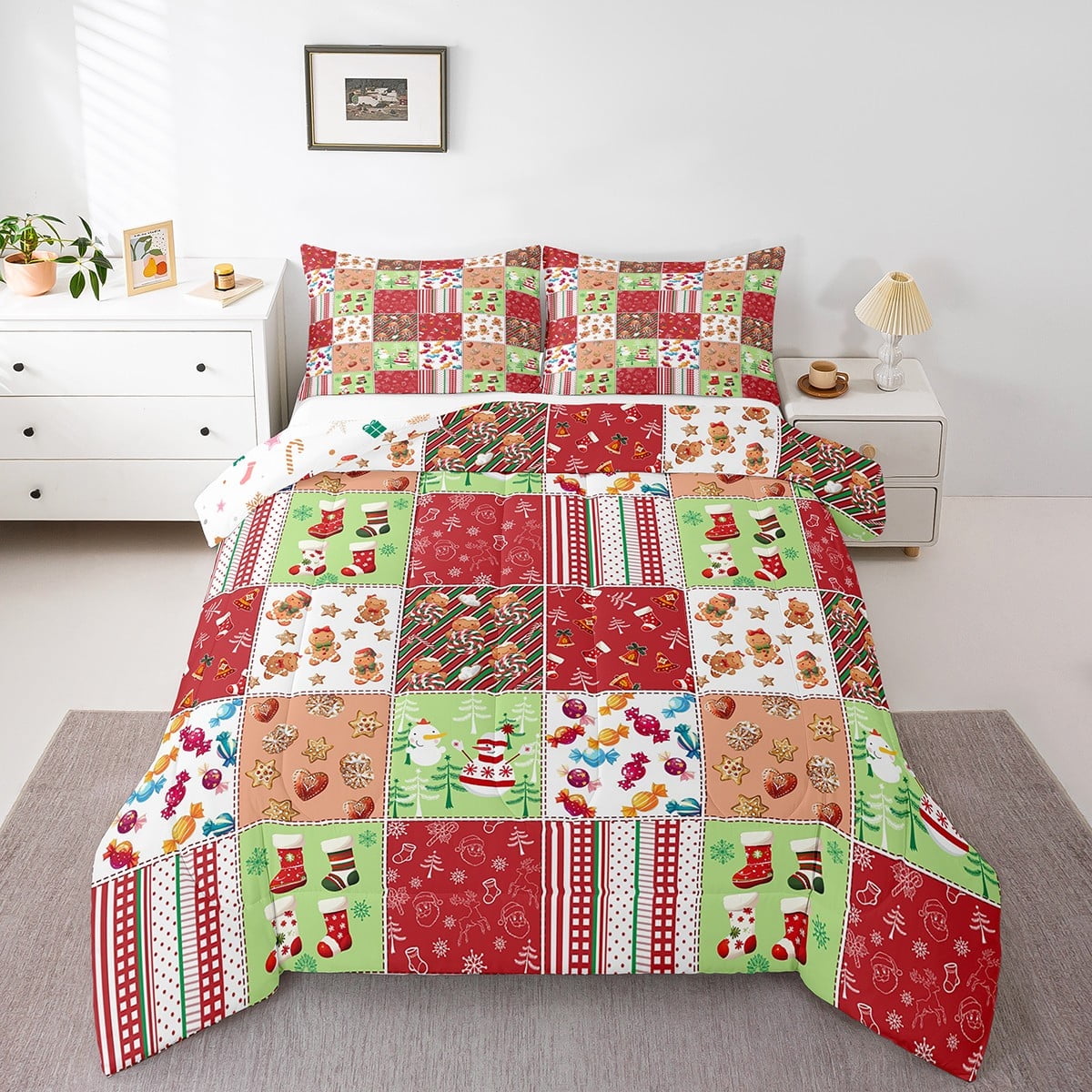 Red Green Christmas Queen Comforter Set,Cute Snowman Gingerbread Man ...