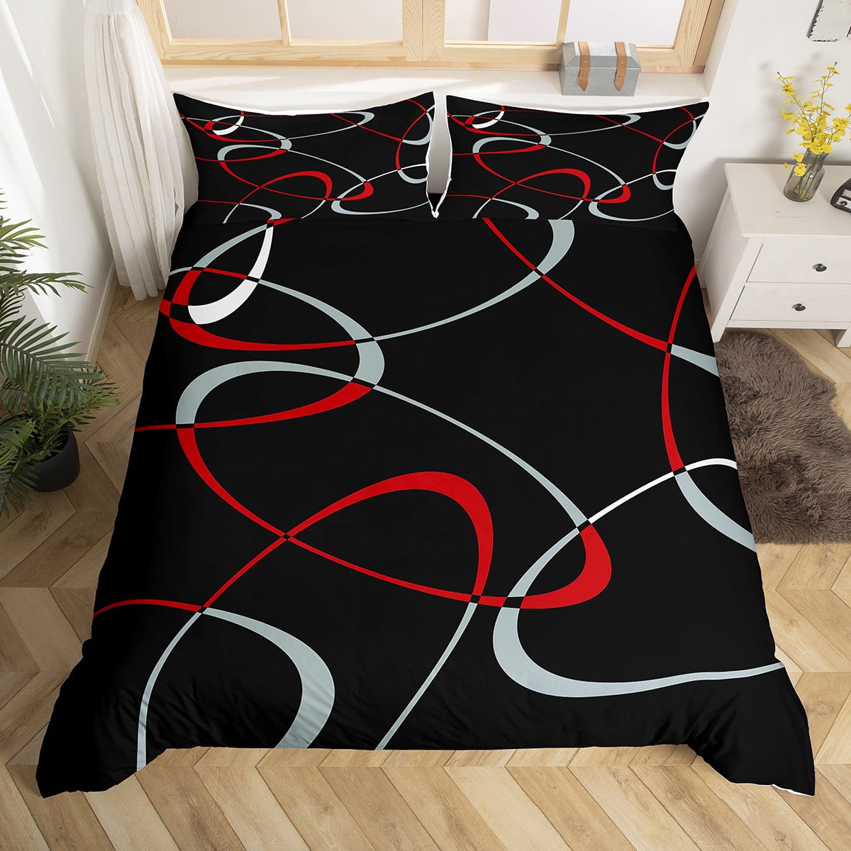 YST Red Grey Circle Bedding Set Abstract Geometric Comforter Cover Twin ...