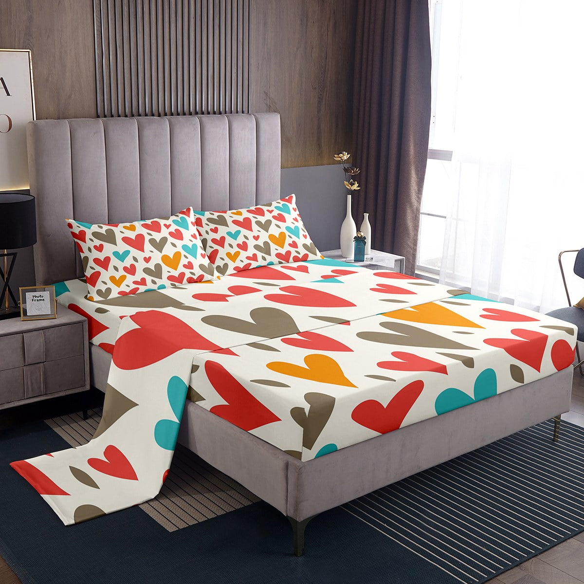 Erosebridal Red Hearts Print Bed Sheets Set Brown Blue Orange Queen ...