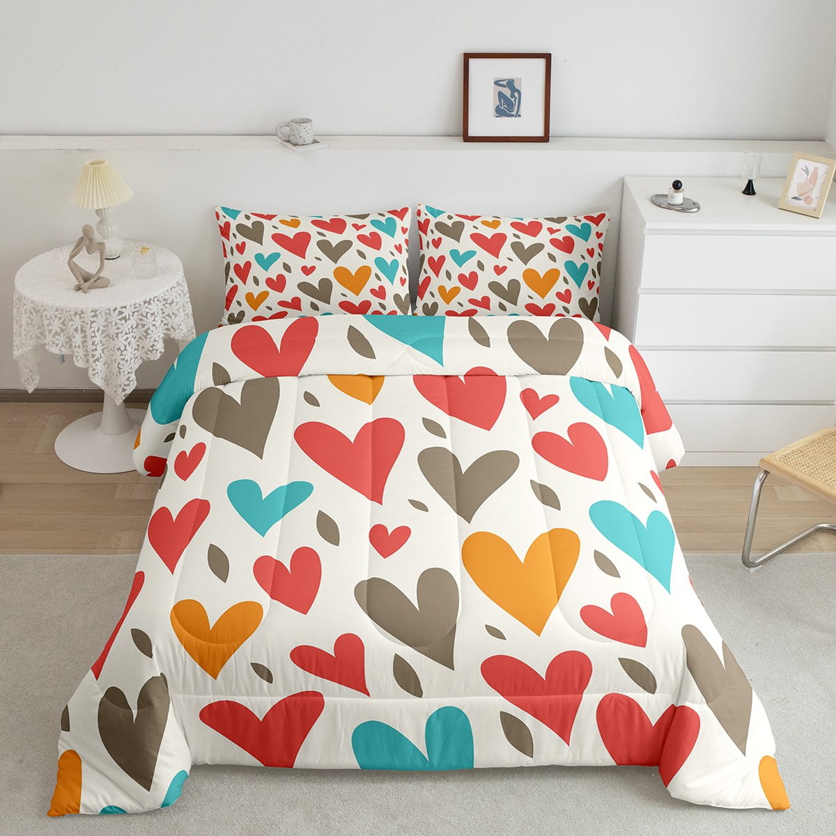 Erosebridal Red Hearts Print Comforter Set Queen Brown Blue Orange ...