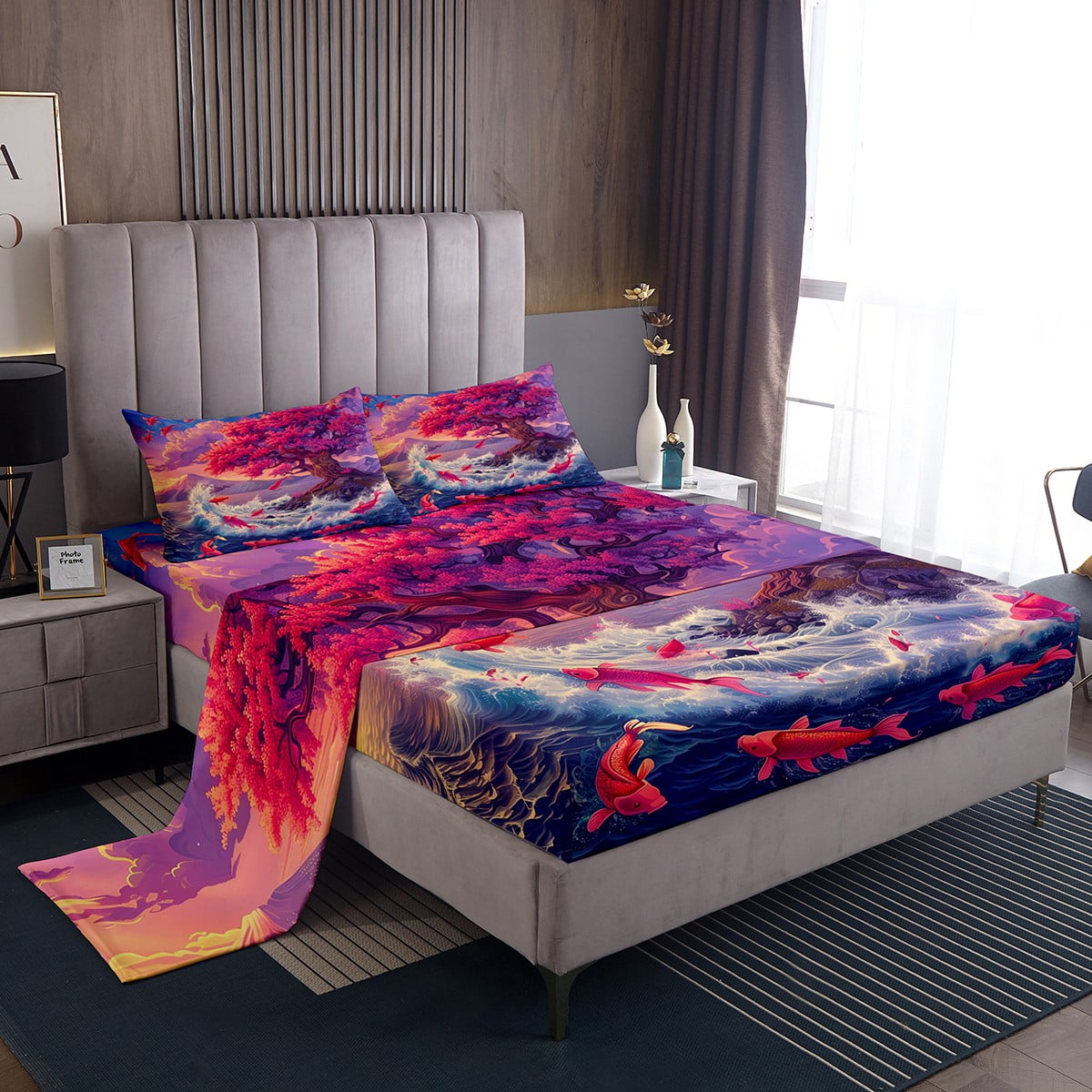 YST Red Koi Bed Sheets Set Japanese Style King Sheet Set, Cherry ...