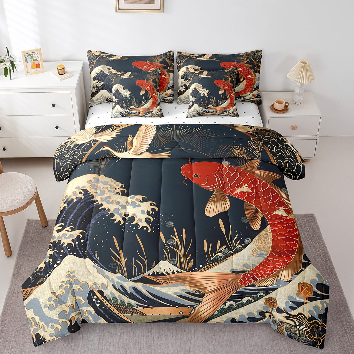 Red Koi Fish Full Comforter Set 7 Pieces Oriental Crane Bedding ...