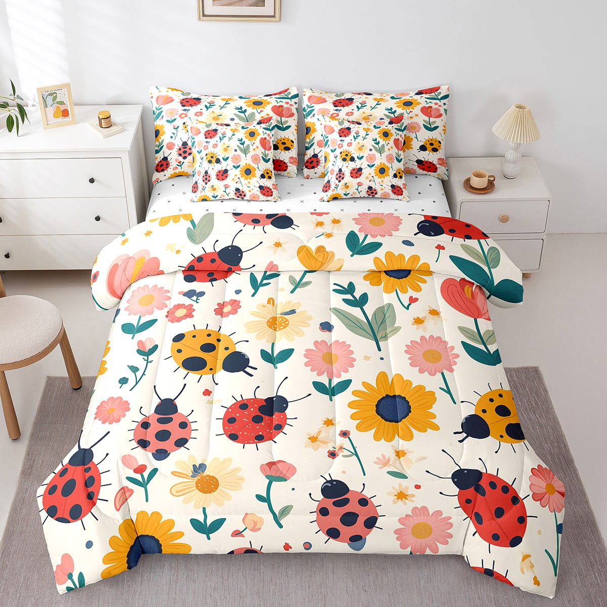 Red Ladybug 7 Piece Twin Bed Set - Includes Comforter & Sheet Set Cartoon Ladybugs Bedding Teen ...