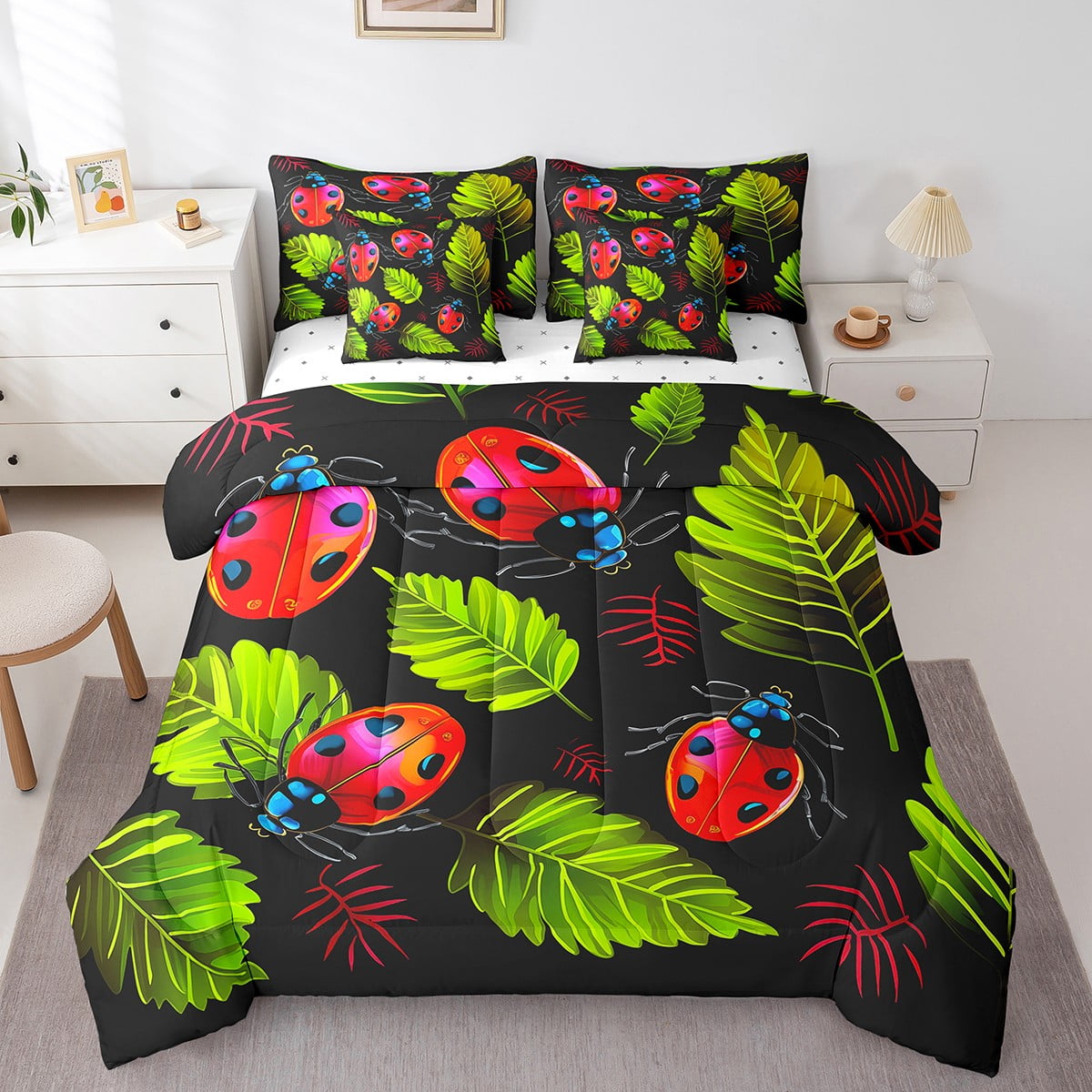 YST Red Ladybug Comforter Twin, Ladybird Reptile Fitted Sheet For Kids ...