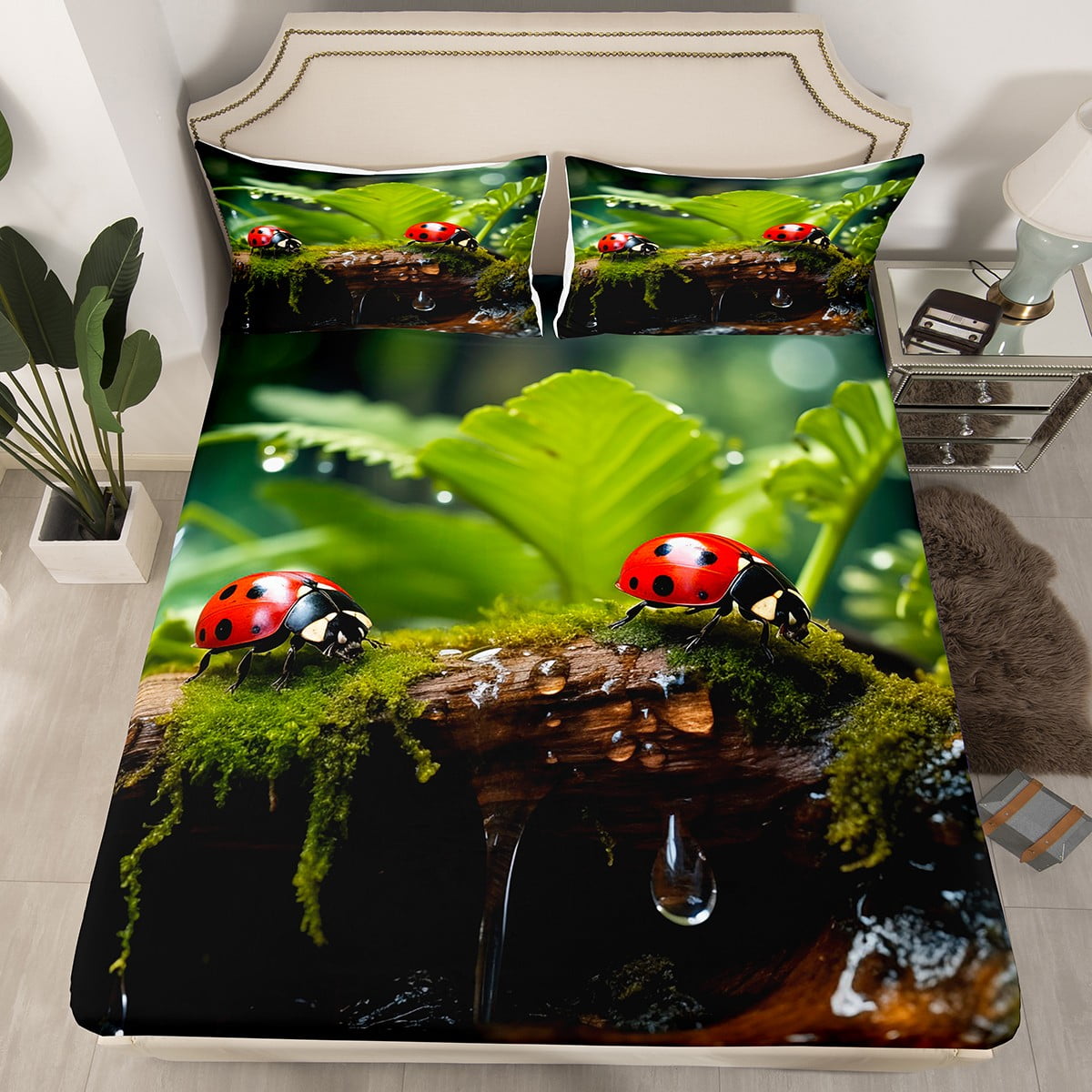 YST Red Ladybug Fitted Sheet Cute Cartoon Ladybug Bed Sheets,Black ...