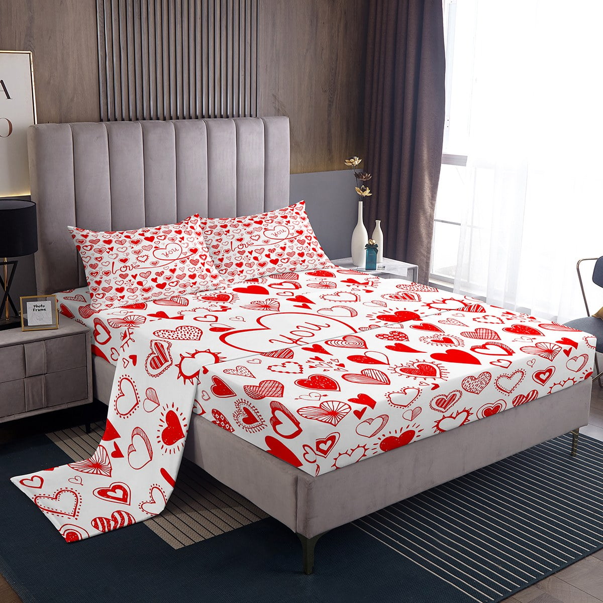 YST Red Love Heart Bed Sheets Queen,Valentines Day Sheet Set Birthday ...