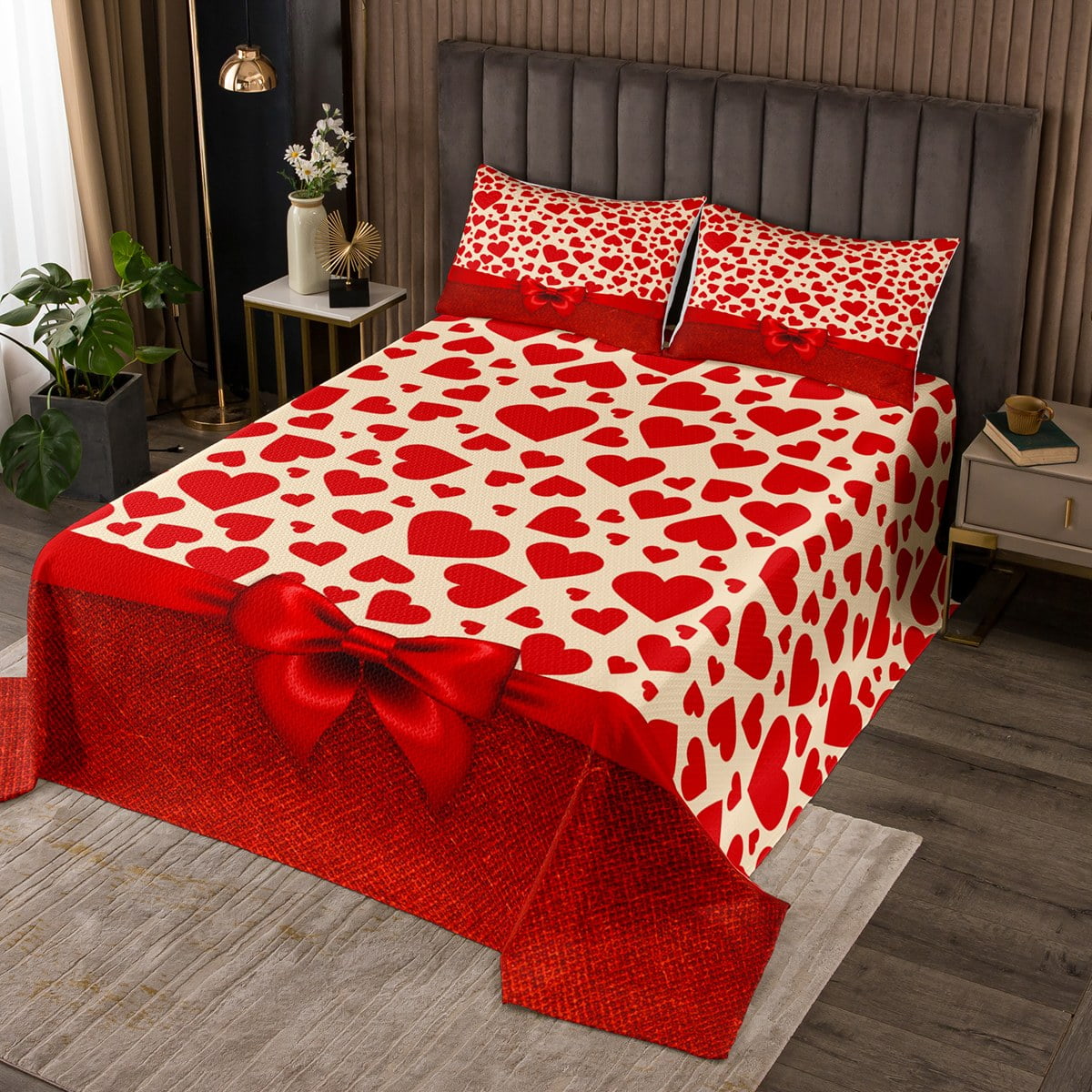 Red Love Heart Bedspread Queen for Couples,Bow Romantic Quilt Set ...