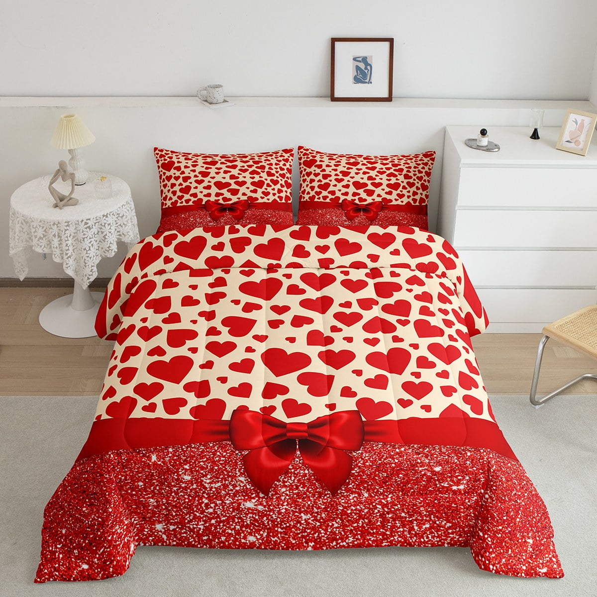 YST Red Love Heart Comforter Set Full,Cute Romantic Bedding Set ...