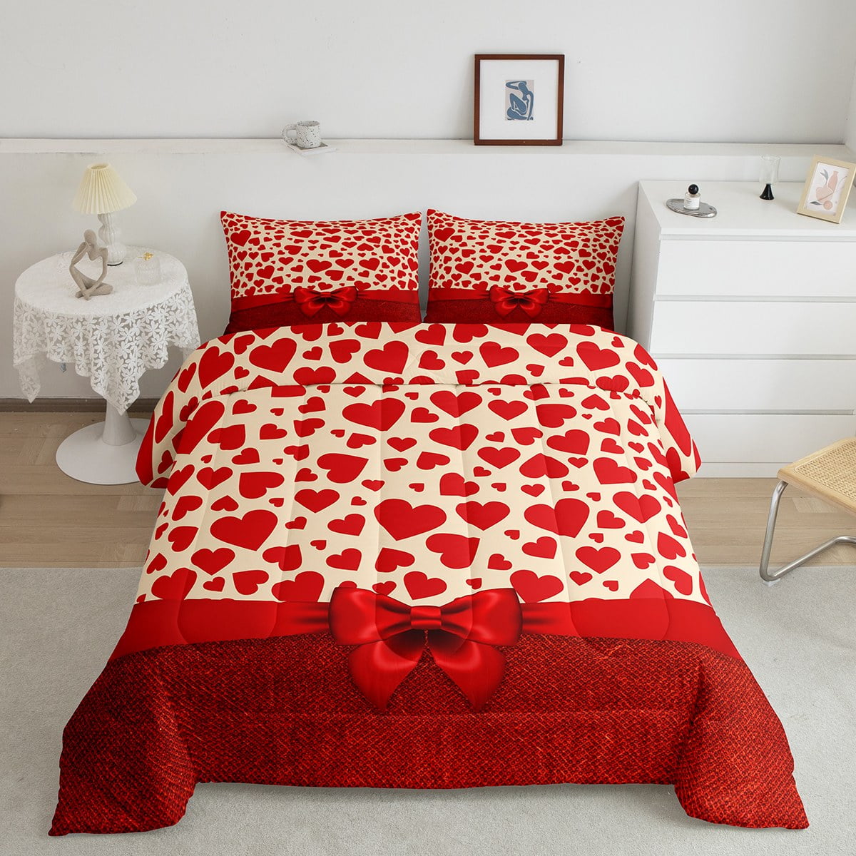 Erosebridal Red Love Heart Comforter Set Twin for Couples,Cute Bow ...