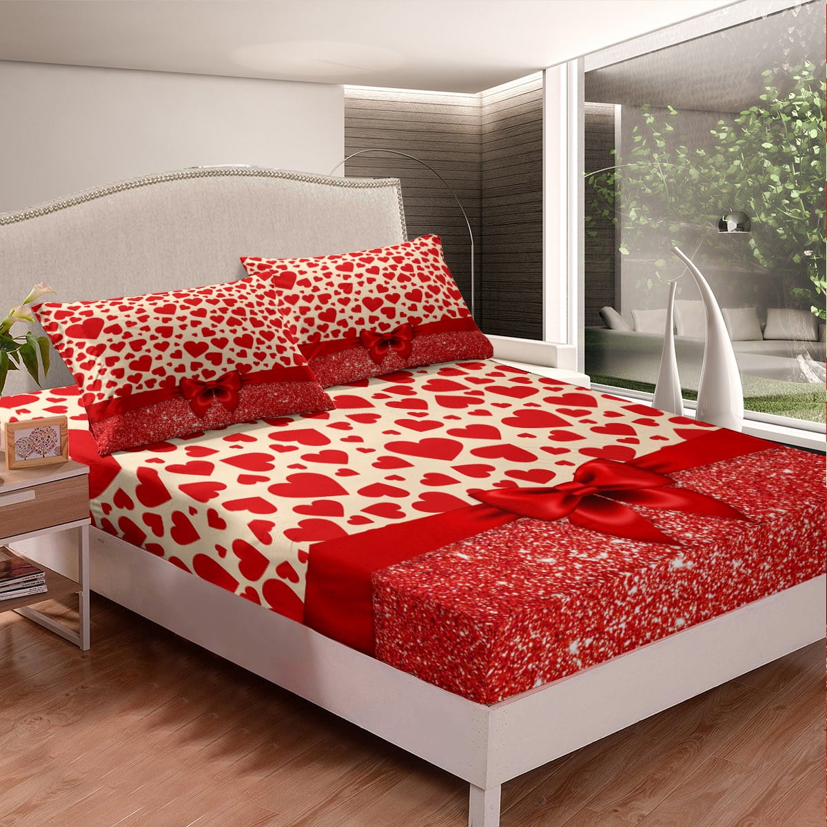 Red Love Heart Fitted Sheet Queen,Romantic Valentines Day Bed Sheets ...