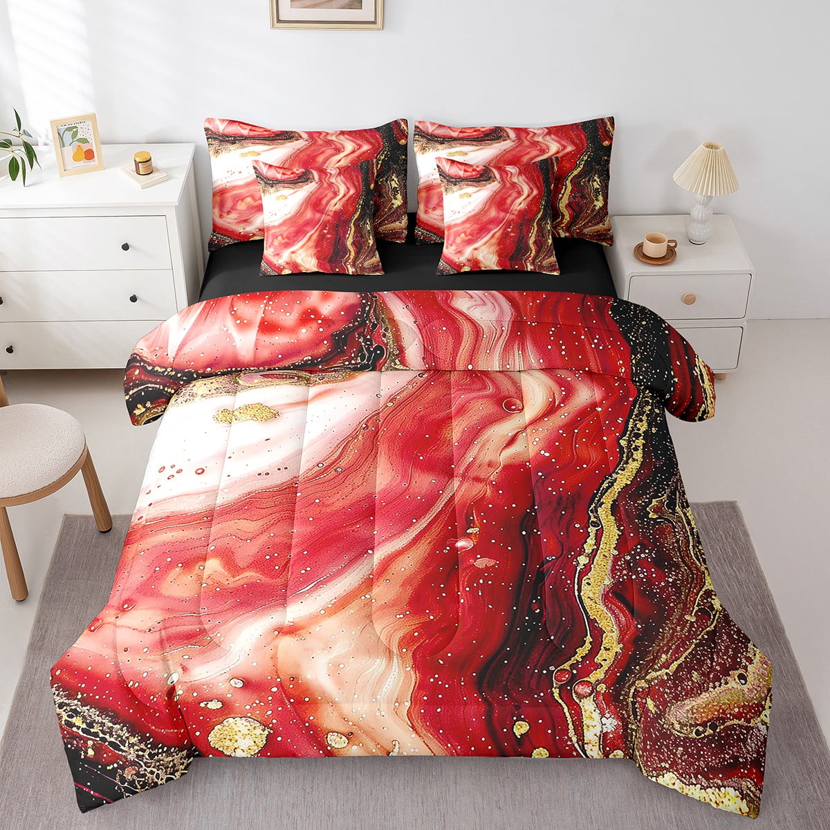 Red Marbling Bedding Comforter Sets 7pcs Watercolor Aesthetic Bed in a ...