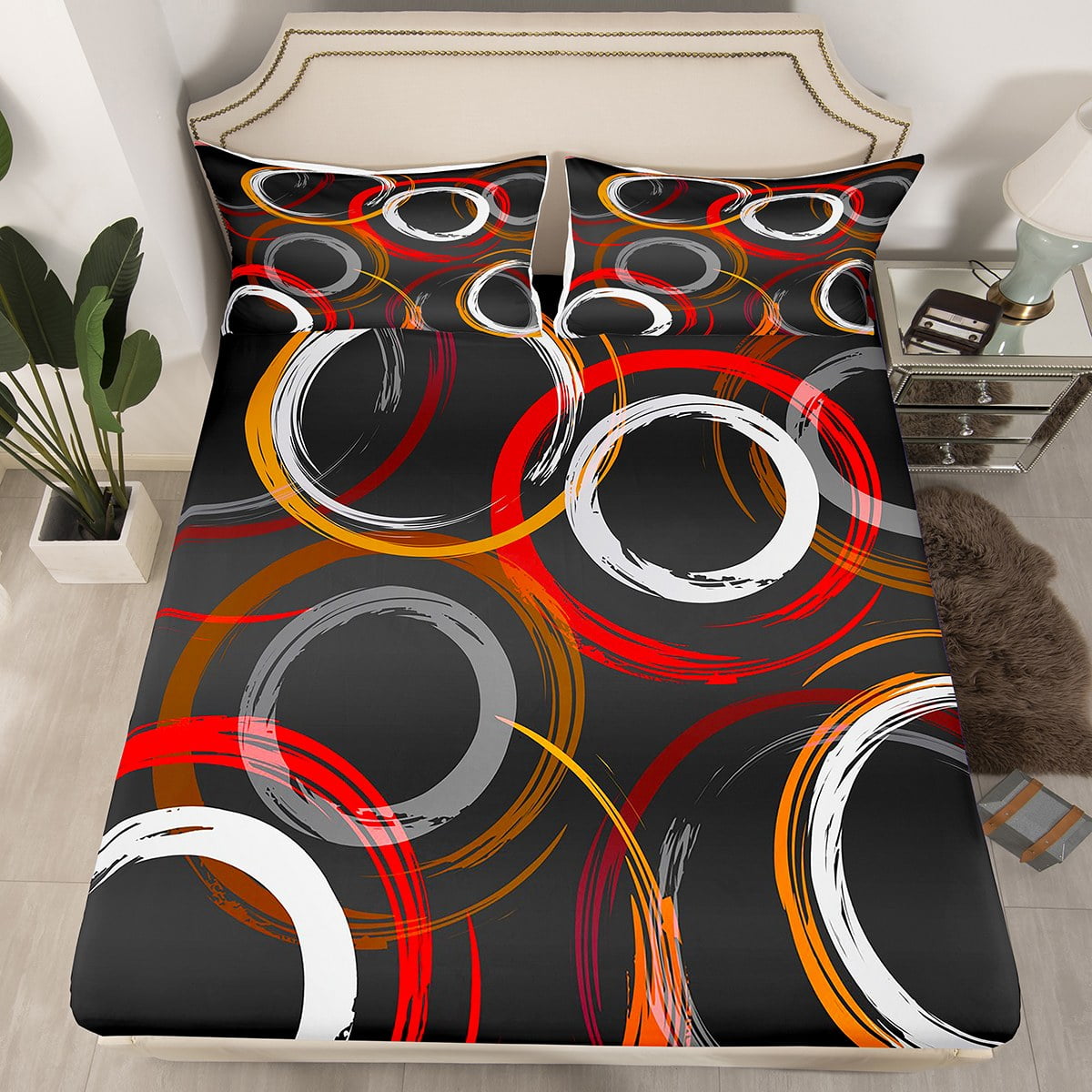 YST Red Orange White Black Fitted Sheet Queen,Contemporary Bed Sheets ...