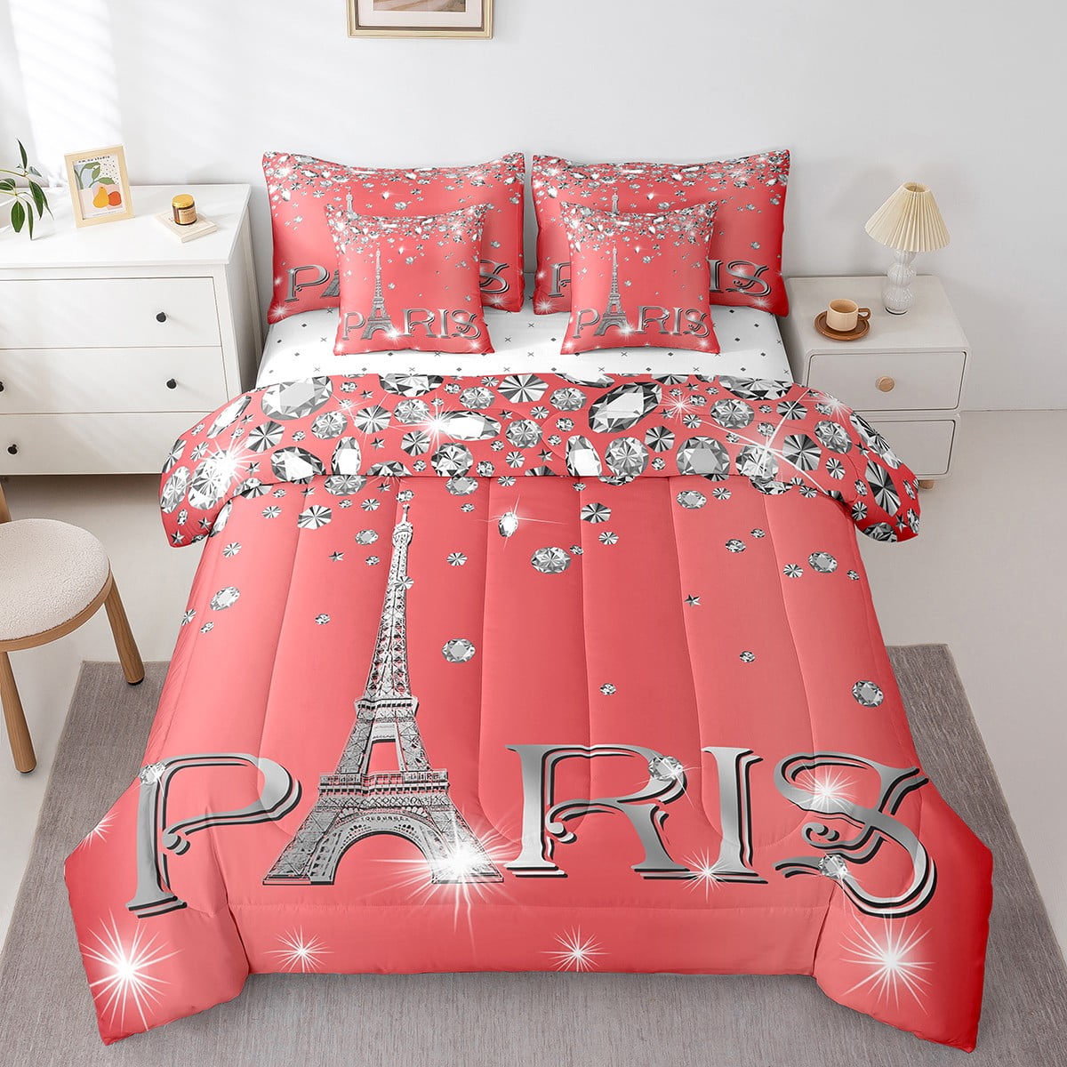 Erosebridal Red Paris Comforter Set King,Eiffel Tower Bed in A Bag 7 Piece,Girly Sparkles ...