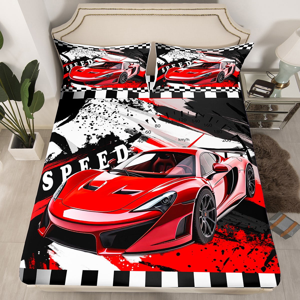 Erosebridal Red Race Car Bed Sheets Extreme Sport Games Fitted Sheet ...