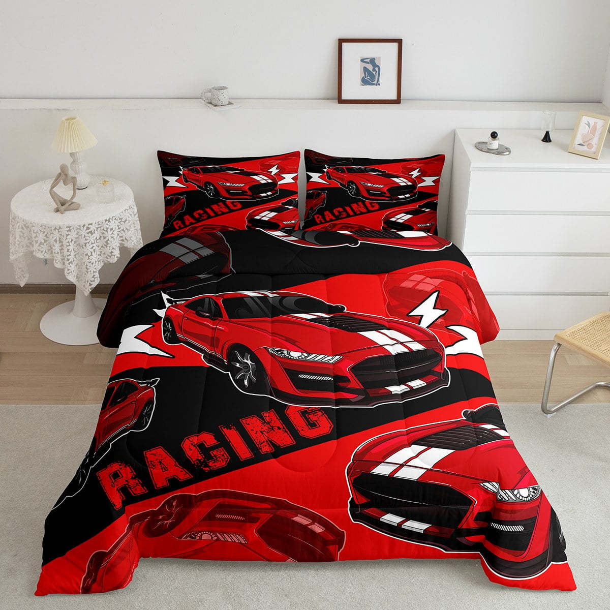 YST Red Race Car Bedding Set for Boys Sports Car Comforter Set Queen ...