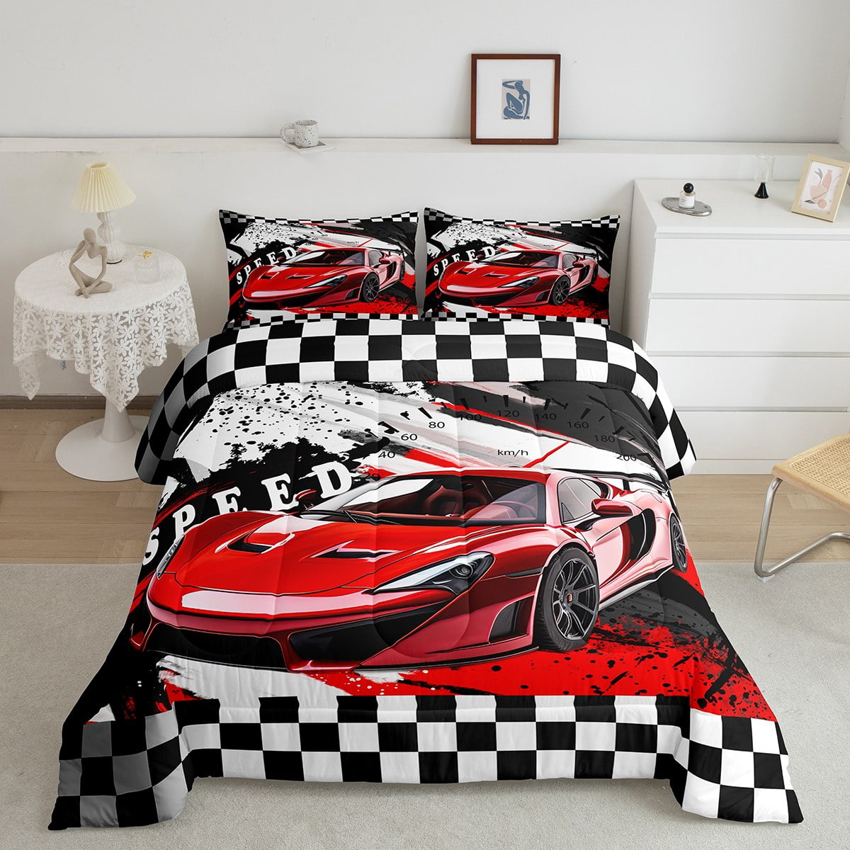 Red Race Car Comforter Set Queen Extreme Sport Games Bedding Sets,Black ...
