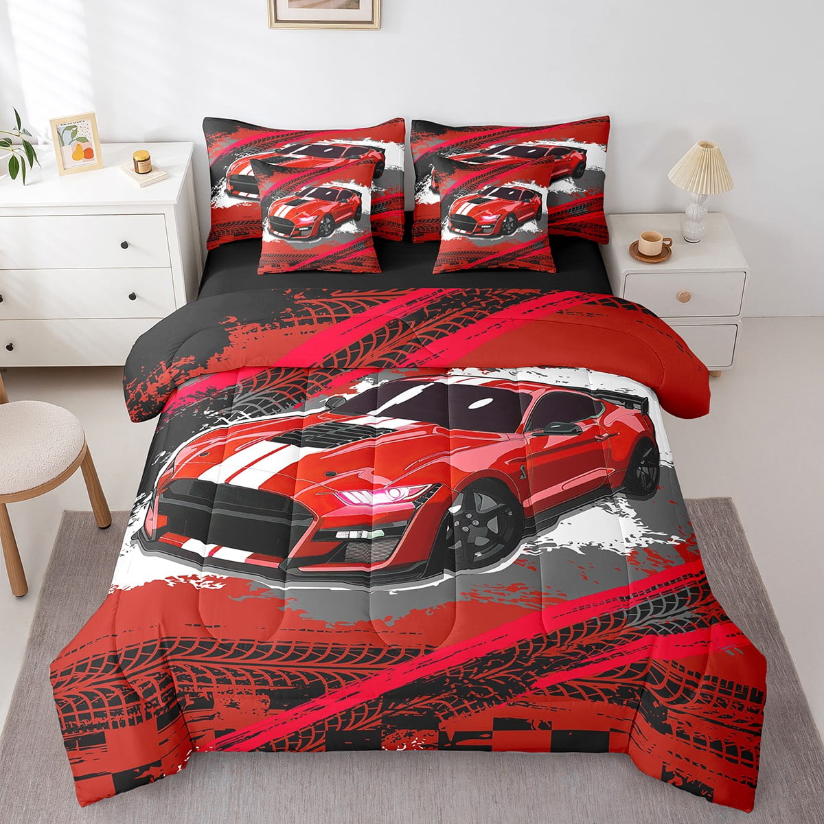 YST Red Race Car Comforter Set Queen Size,Racing Car Bedding Set for ...
