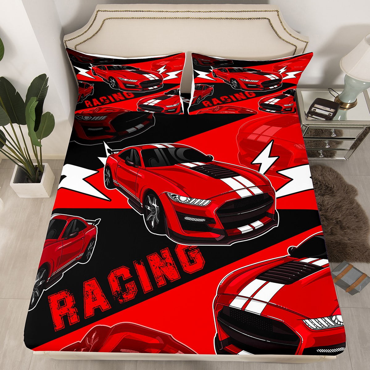YST Red Race Car Full Fitted Sheet for Boys Sports Car Bed Sheets for ...