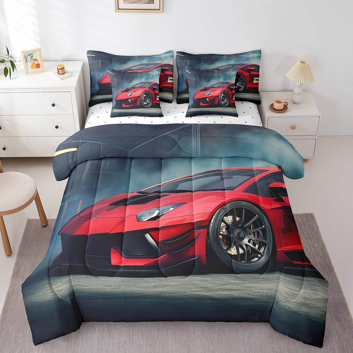Red Racing Car Bed in a Bag 7 Pieces Car Themed Bedding Set, Extreme ...