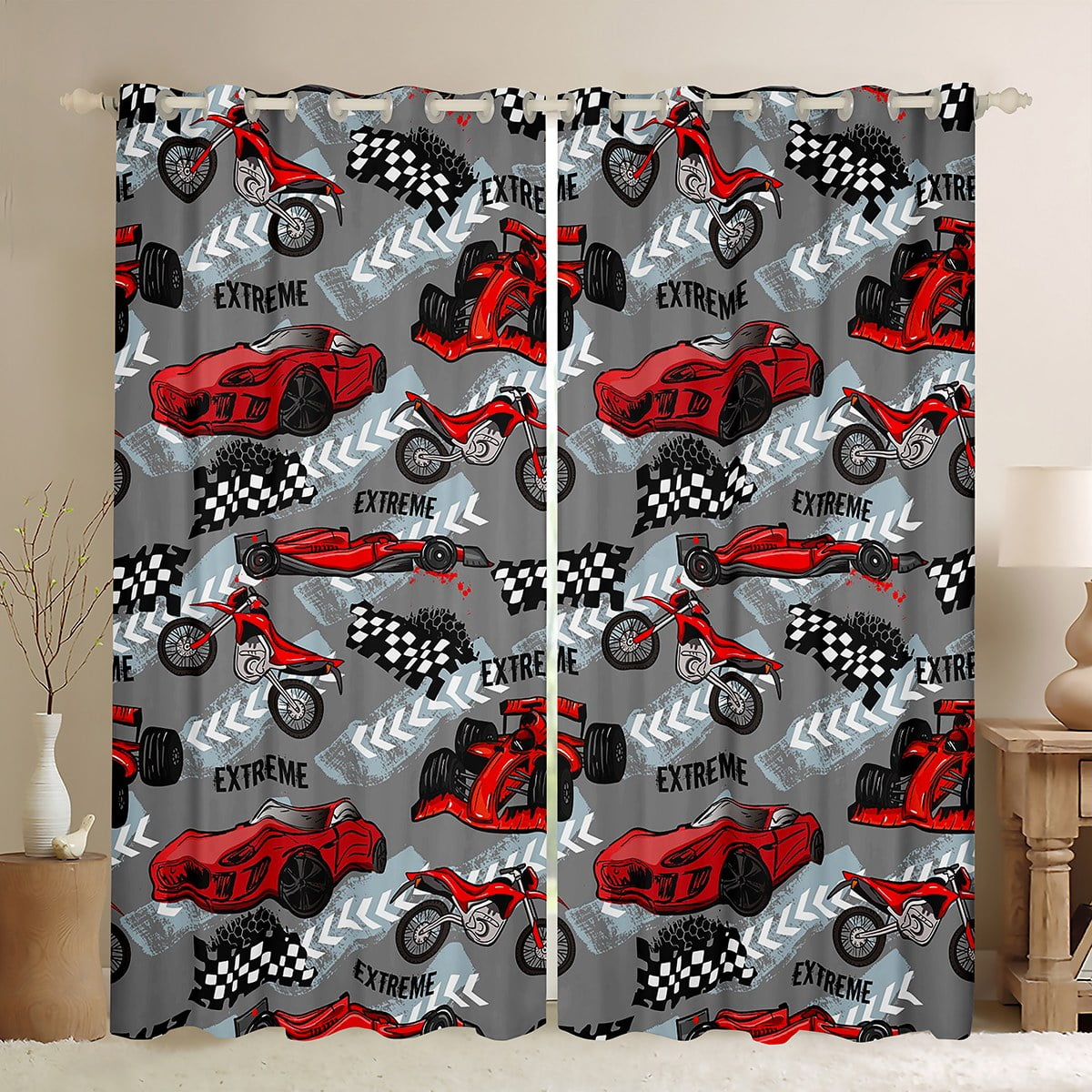 YST Red Racing Car Curtains & Drapes for Boys Cartoon Dirt Bike ...