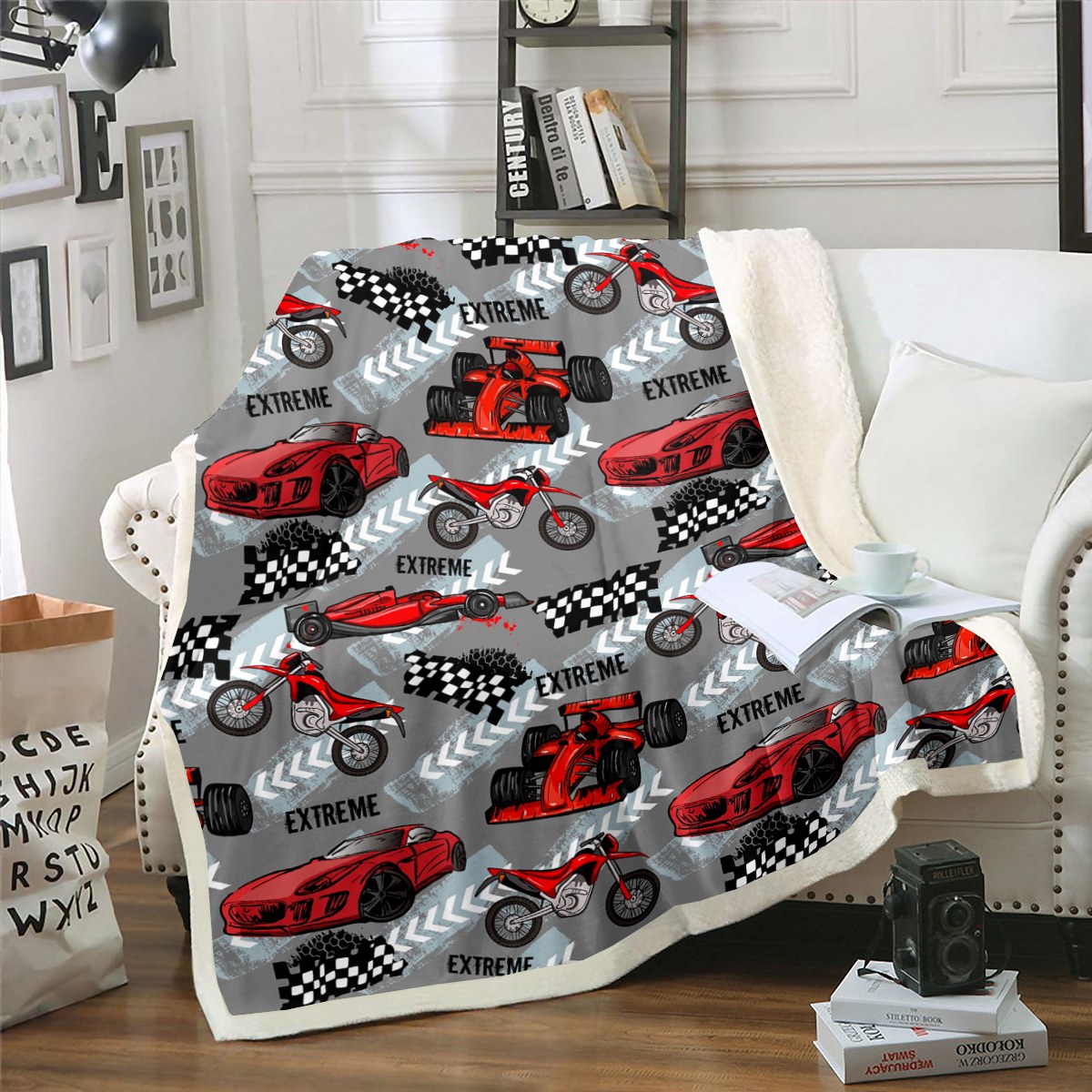Red Racing Car Throw Blanket for Couch Cartoon Dirt Bike Fleece Blanket ...