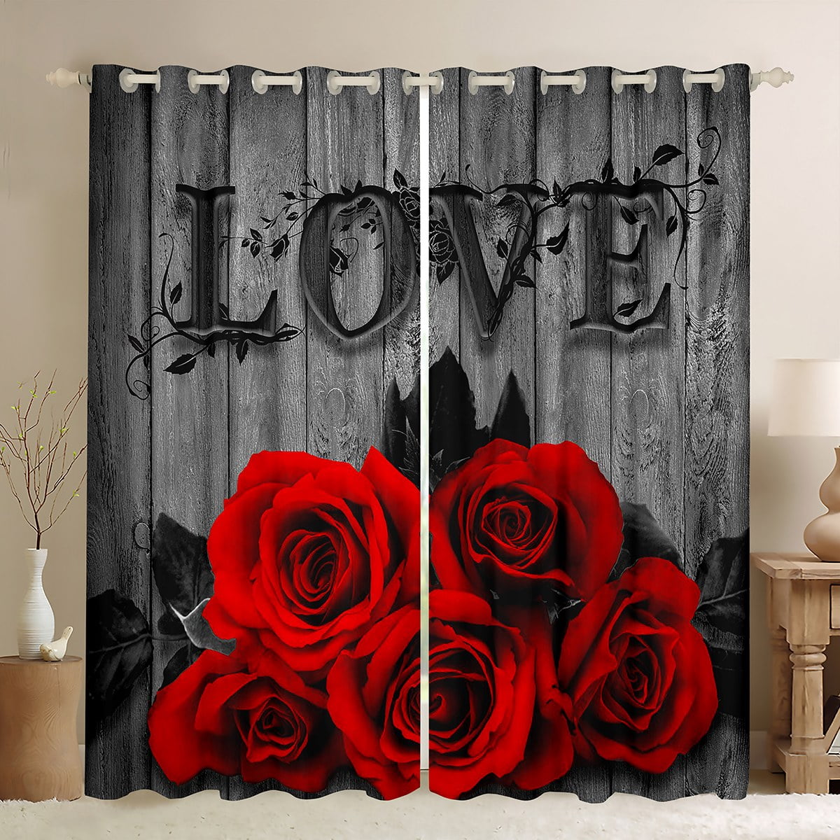 Erosebridal Red Rose Blackout Curtains 38"Wx45"L Red Black Valentine'S ...