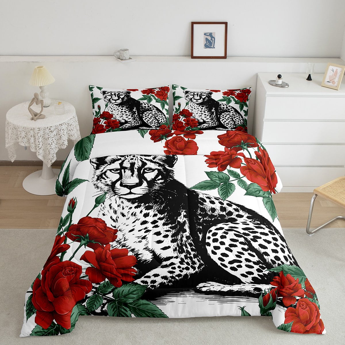 YST Red Rose Comforter Full,Romantic Leopard Bedding for Couple Lovers ...